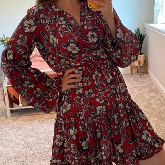 Shoshanna | Dresses | Shoshanna Burgundy Blue Floral Puff Long Sleeve ...